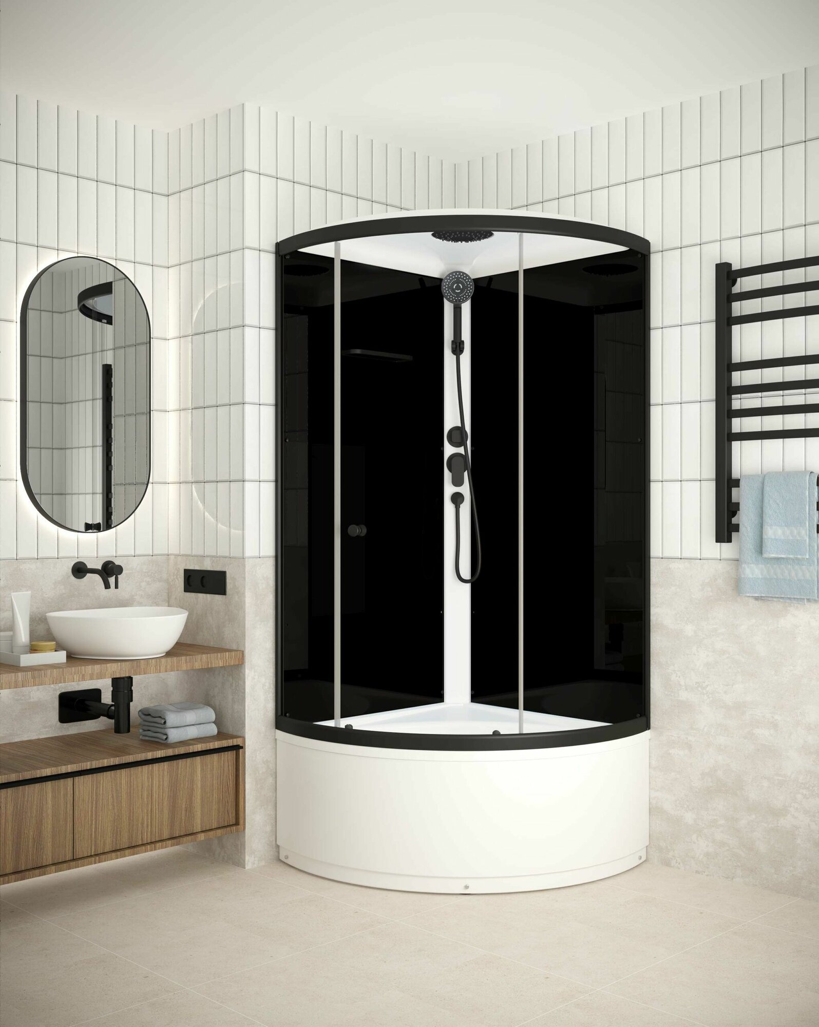 Душевая кабина Simple 100х100, высокий поддон, черные стенки, профиль черный, стекло прозрачное