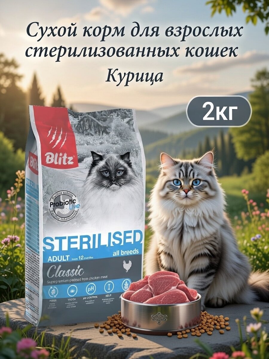 Сухой корм для стерилизованных кошек Blitz Classic, с курицей 2 кг