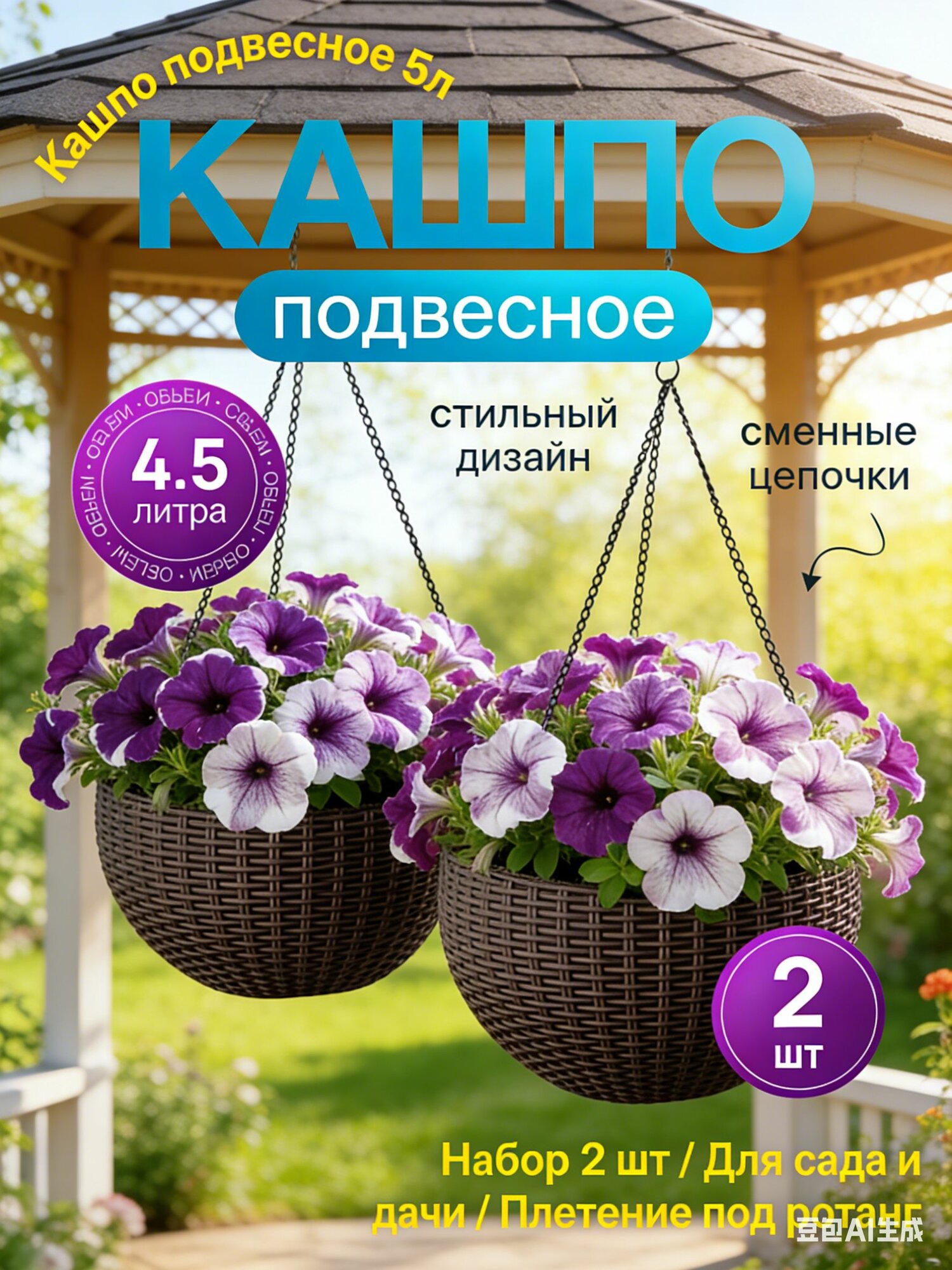 Уличные подвесные цветочные горшки объемом 5 литров, набор из 2-х ротанговых цветочных горшков