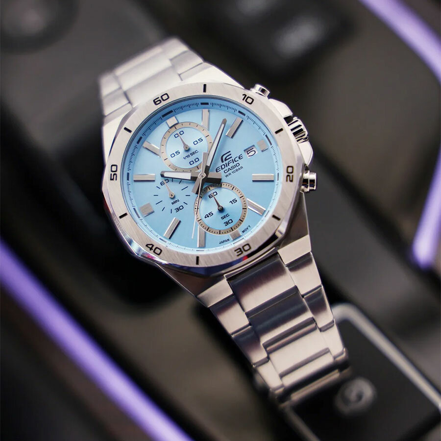 Наручные часы CASIO Edifice, серебряный, голубой — фото 1