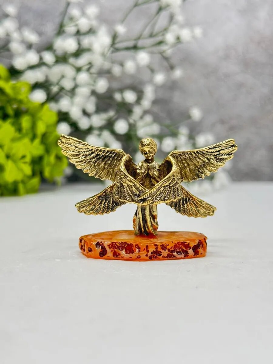 Фигурка декоративная Ангел Серафим на янтаре, металл латунь/янтарь
