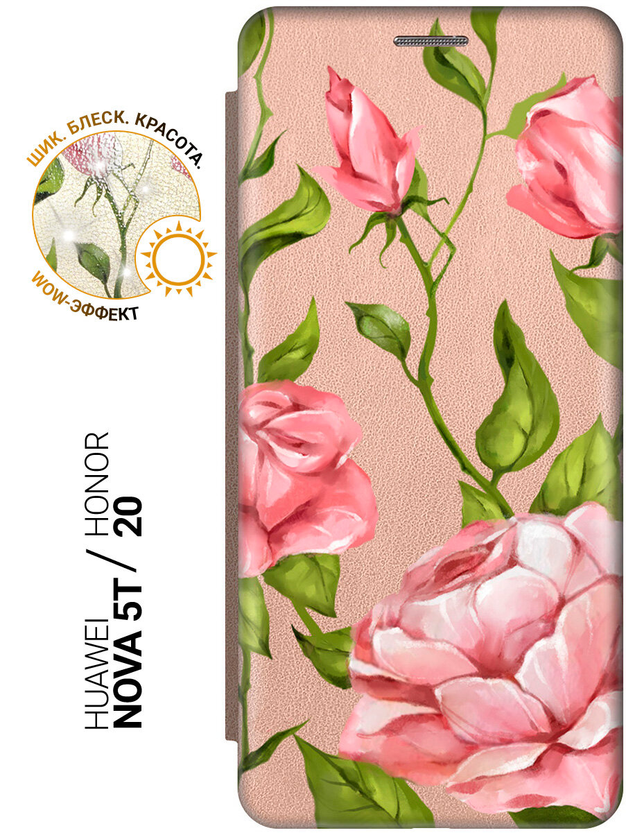 Чехол-книжка на Honor 20, Huawei Nova 5T, Хонор 20, Хуавей Нова 5Т с 3D принтом "Amazing Roses" золотистый