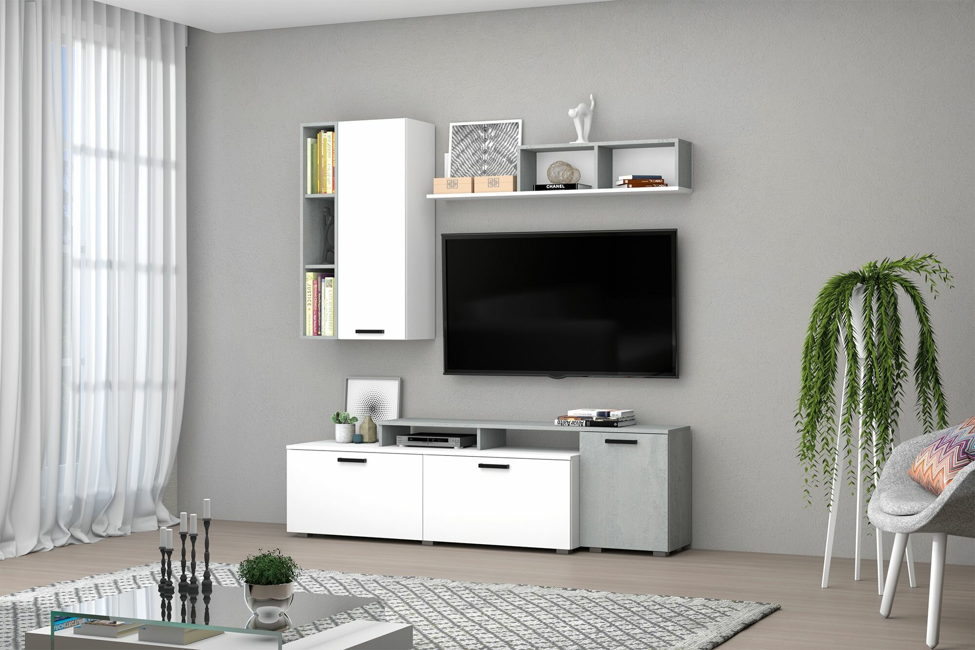 Cтенка в гостиную "Эльза" Бетонный камень / Белый шагрень под телевизор, со шкафом, напольная, горка в гостиную, в зал, тв зона, ширина 180 см. мини стенка, мини модульная