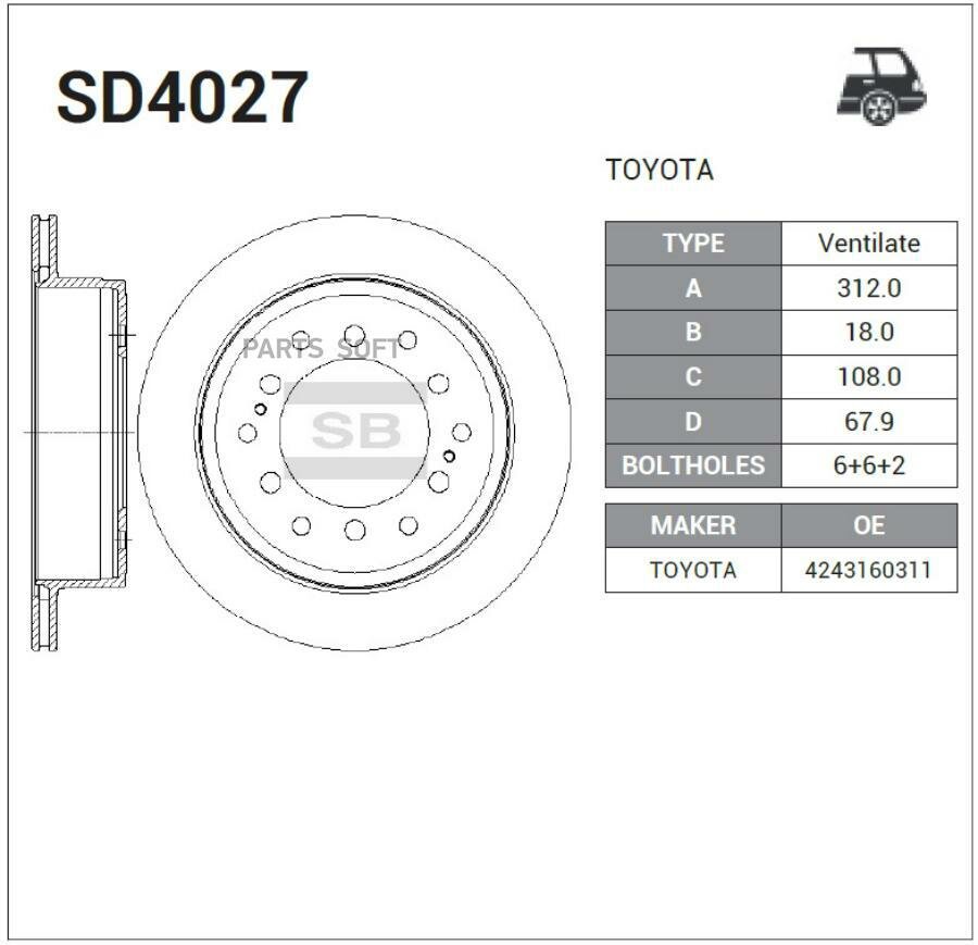 SANGSIN BRAKE SD4027 Диск тормозной, задний TOYOTA LAND CRUISER PRADO IV J150 (2009- ), LEXUS GX II (2010- )