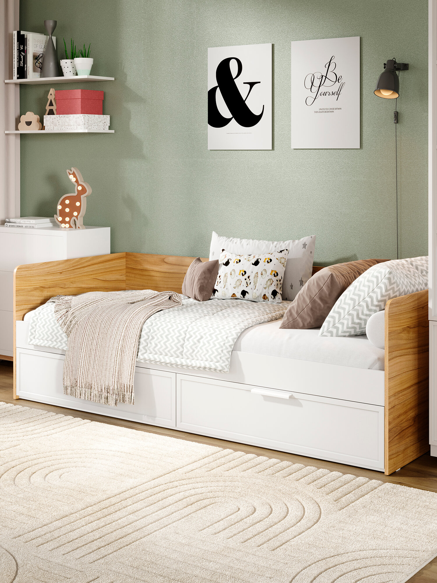 Диван-кровать, односпальная 80*200 в детскую Стелла ( Белый Холст/Белый Жемчуг/Яблоня Беллуно)