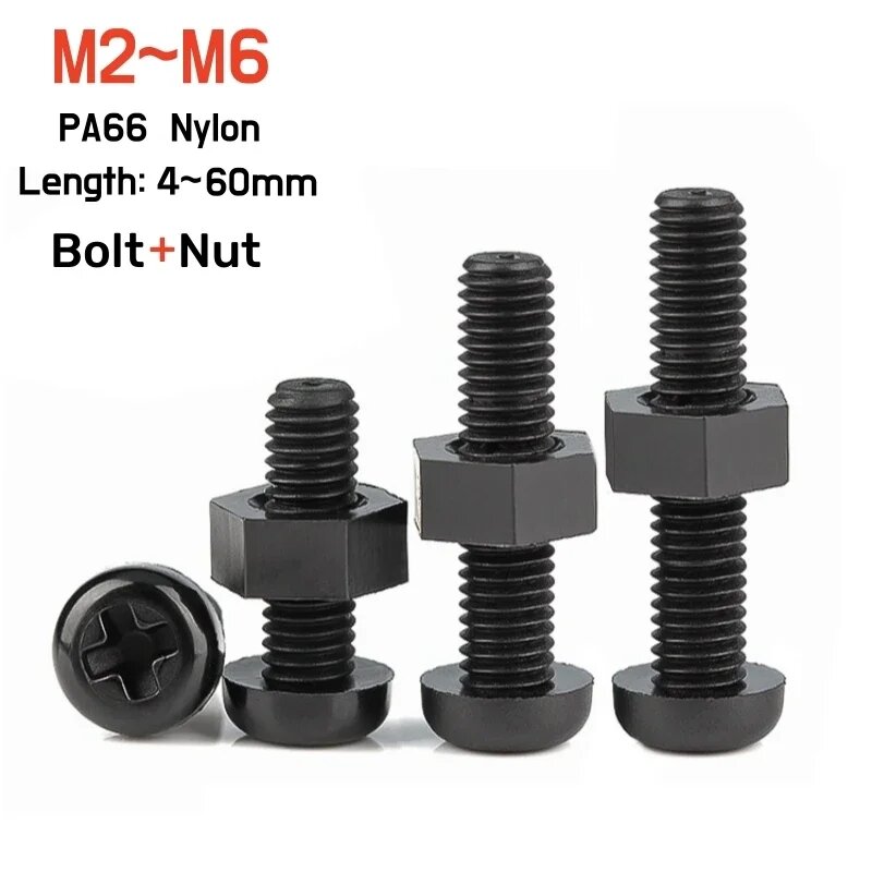 10 ~ 100 комплектов M2 M2.5 M3 M4 M5 M6 M8 Нейлоновый пластиковый изолированный болт с крестообразным шлицем и круглой головкой, гайка, набор 2 в 1, черный