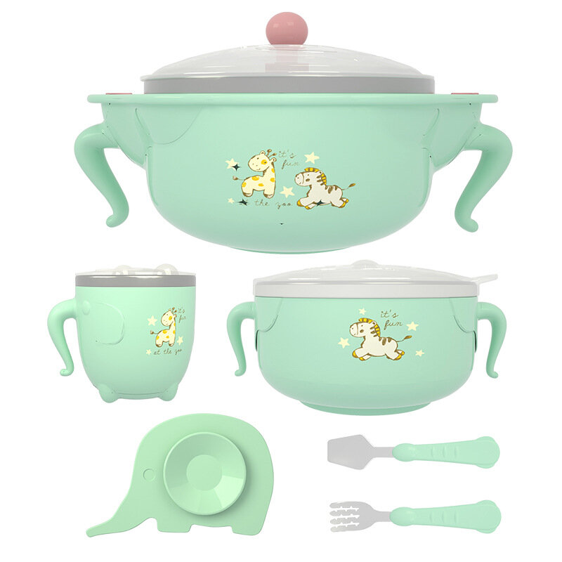 Детская посуда Детская посуда Чашка Вилка Ложка Тарелки с присоской Детская посуда Набор посуды для кормления Миски для хранения - Зеленый, шесть предметов