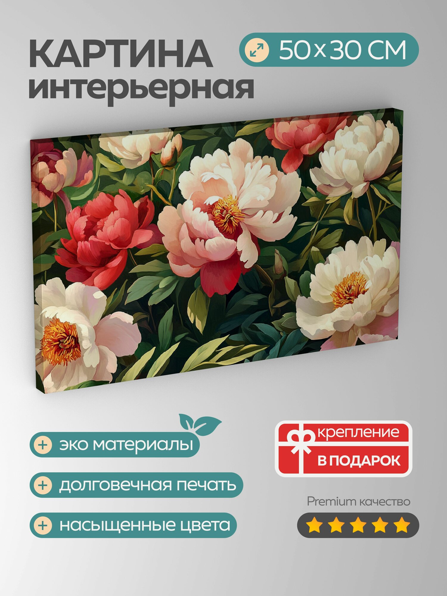 Картина на холсте интерьерная 50х30 см, пионы, цветы, розовый, красный, белый, зеленая листва, детали лепестков