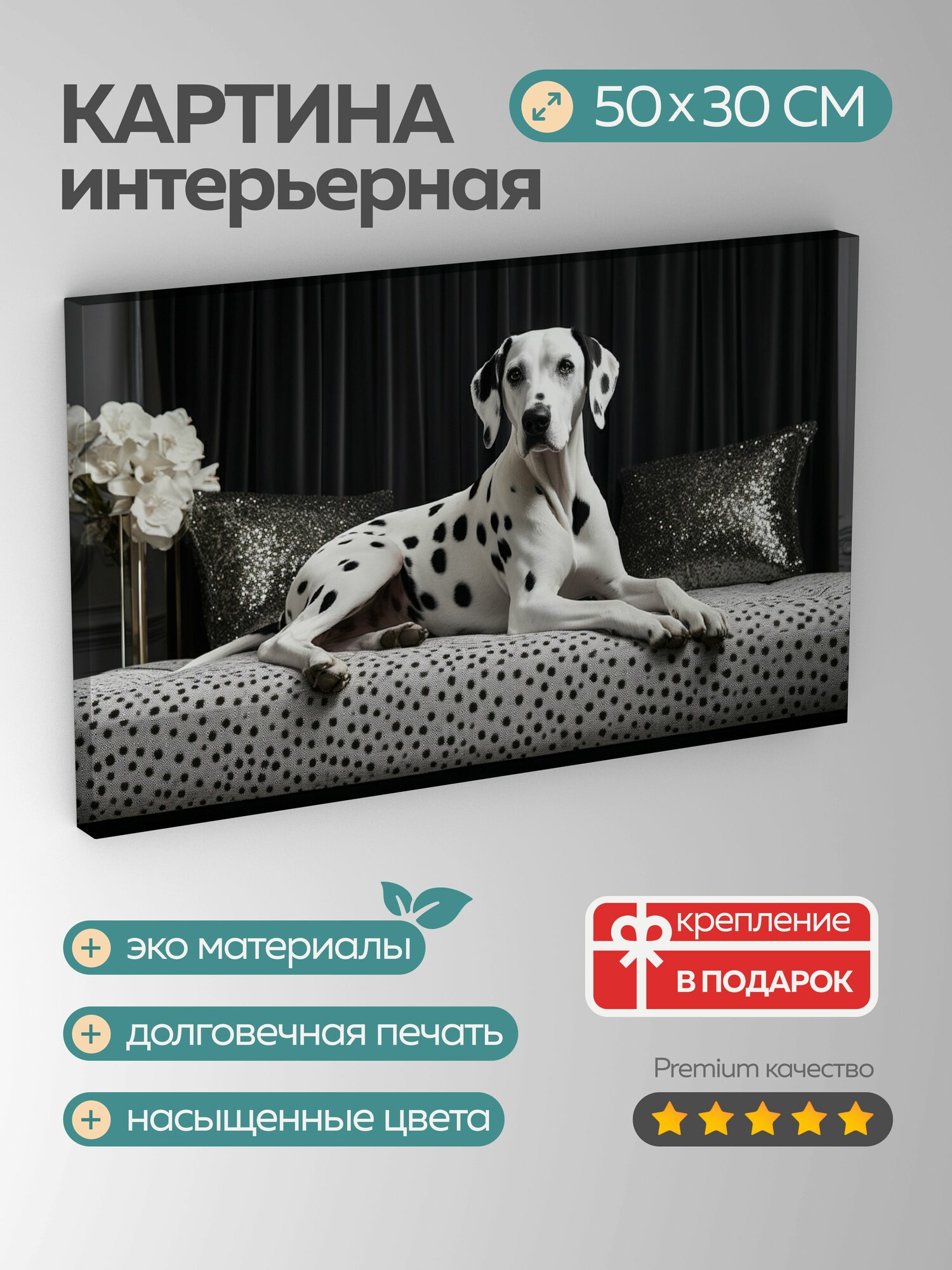 Картина на холсте интерьерная 50х30 см, черно-белая фотография, далматин, элегантность, красота, комната, мебель, линии