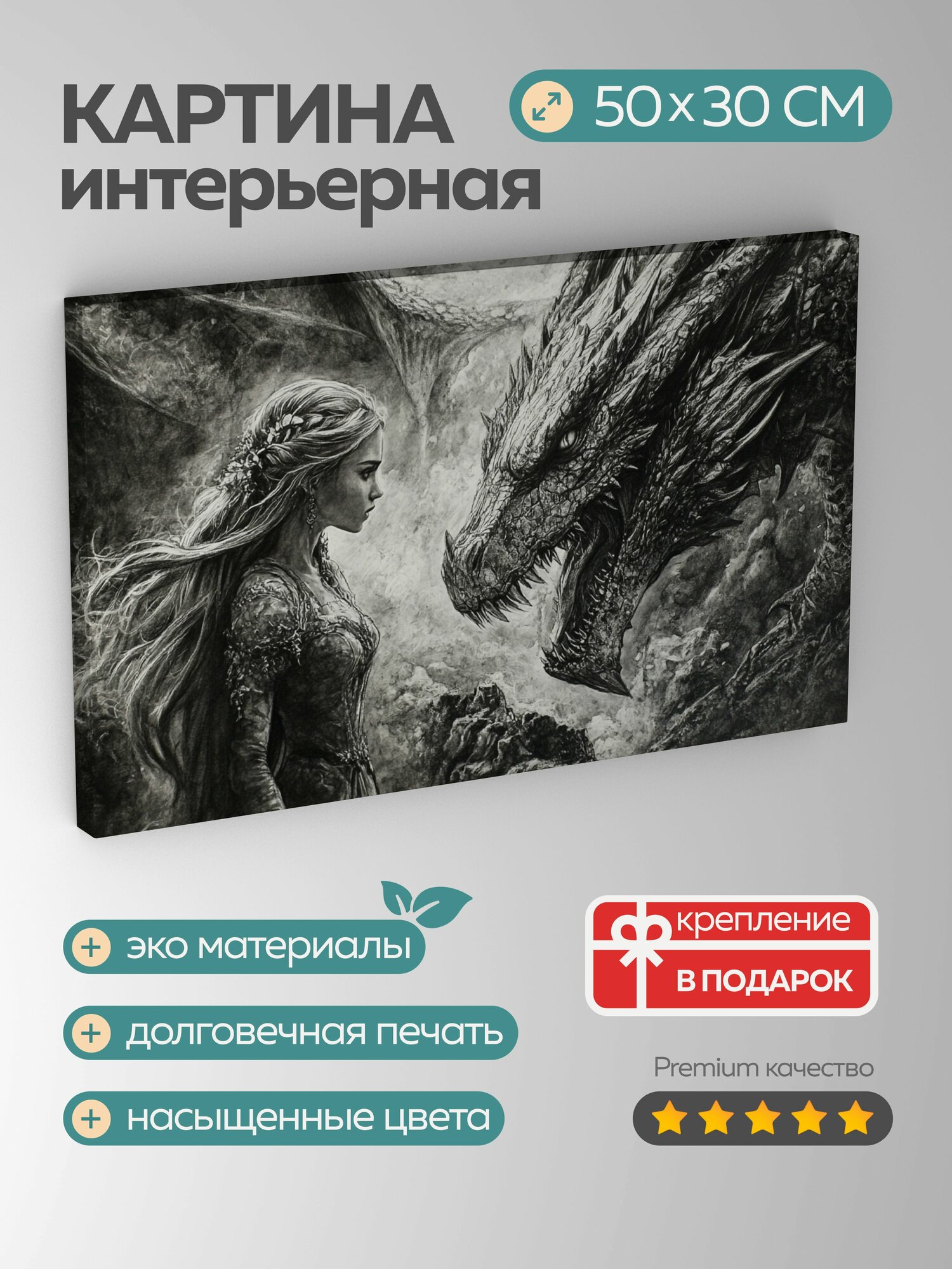 Картина на холсте интерьерная 50х30 см, Принцесса, дракон, уголь, решительность, королевство, штрихи, текстуры, героизм