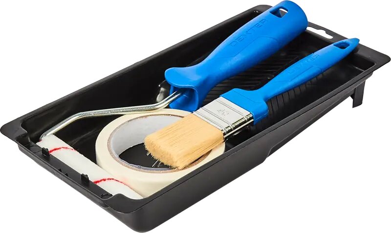 Набор малярный Dexter валик 100 мм и кисть 40 мм, ручка, кювета, скотч