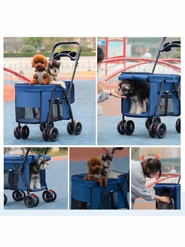 Коляска прогулочная для собак и кошек, для мелких и средних пород (до 30 кг), складной, темно-синий