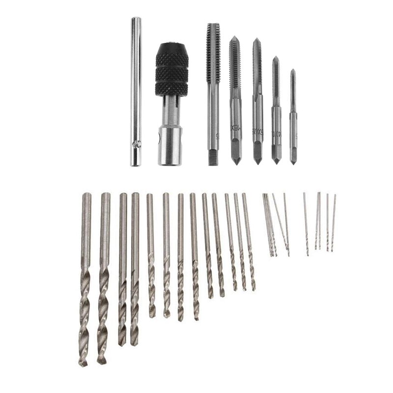 6 шт. Т-образный ручной ключ для метчиков M3/M4/M5/M6/M8, набор плашек для метчиков, прямой винт с канавкой и 25 шт. 0,5-3,0 мм миниатюрных спиральных сверл с прямым хвостовиком