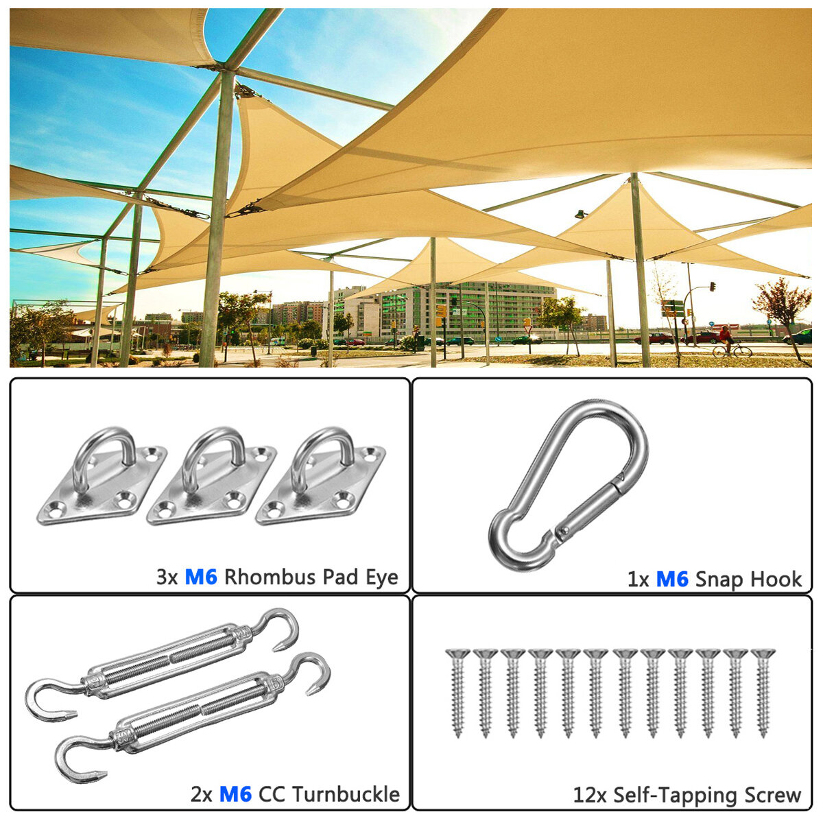 Инструмент M6 Аксессуары для теневого паруса для треугольника (ромбовидная накладка с проушиной, винтовая стяжка, карабин, саморез)