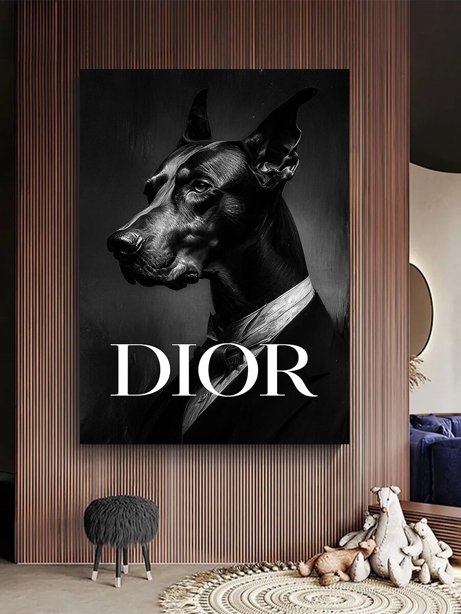Картина на стену для интерьера - "DIOR / Брутальные животные, доберман в костюме, в офис" , 20х30 см.
