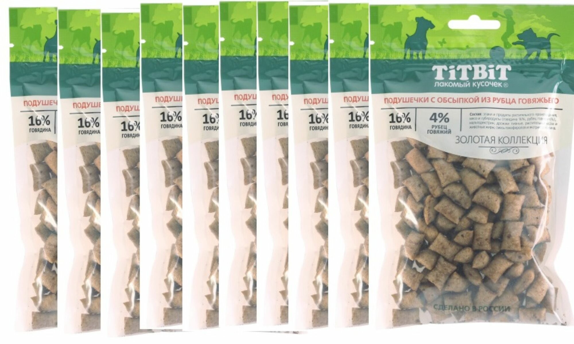 TiTBiT Золотая коллекция Лакомство для собак Подушечки с обсыпкой из рубца говяжьего 80г (10шт)