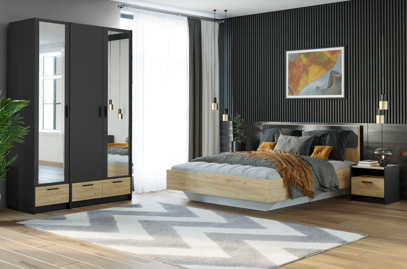 Спальня Сильва Оттавия комплектация 4 (НМ 011.56 Ультра Графит+НМ 011.15+НМ 011.15+НМ 011.80 PZ+ НМ 011.20 PZ) Антрацит, Дуб Крафт Золотой