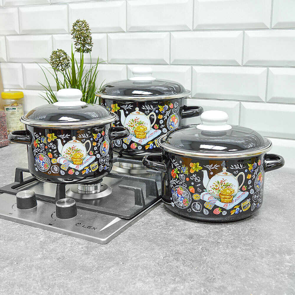 Набор кастрюль "Десерт к чаю" №02, черный, 2л, 3л, 4л, сталь