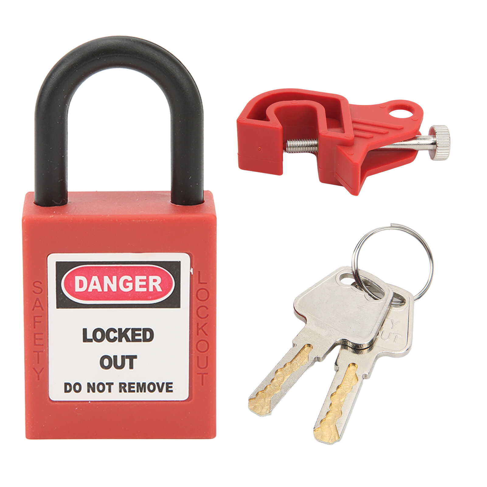 Устройство блокировки выключателя из латунья с карабином 25мм, нитоновий замок для блокировки малых и средних выключателей, диаметр люка 8мм, диаметр балки замка 6мм, комплект: 1 блокировка, 1 замок, 2 ключа