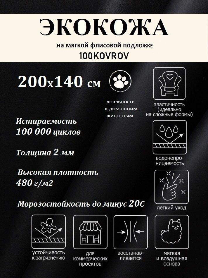 Отрез 200х140 см Экокожа 100KOVROV BLACK для мебели и салона автомобиля