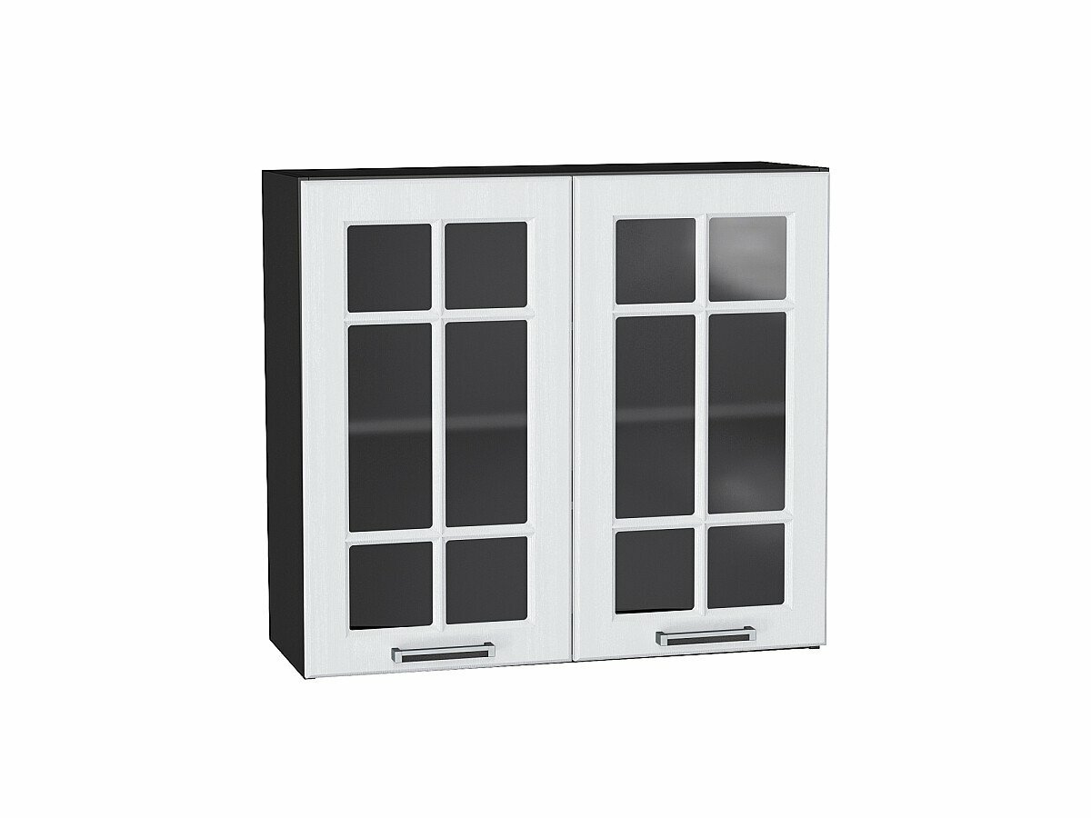 Шкаф верхний с 2-мя остекленными дверцами Прага, цвет фасада Белое дерево, цвет каркаса Graphite, стекло Сатинато белое, 716*800*318 мм