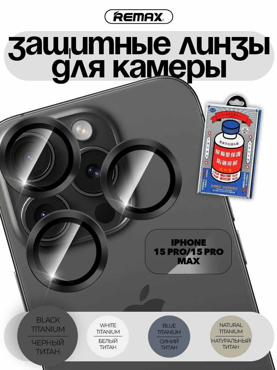 Линзы для камеры iPhone 15 Pro / 15 Pro Max (для цвета черный титан/black titanium), REMAX GL-27, черные линзы