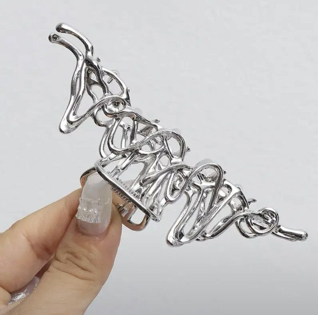 Краб для волос Гимнастическая лента, серебряный/ Заколка 11.5см / Крабик женский металлический большой/ Украшение для волос