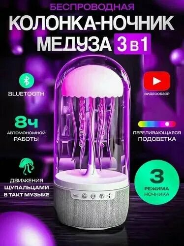 Беспроводная Bluetooth колонка / Медуза в колбе Ночник Светильник / RGB с подсветкой