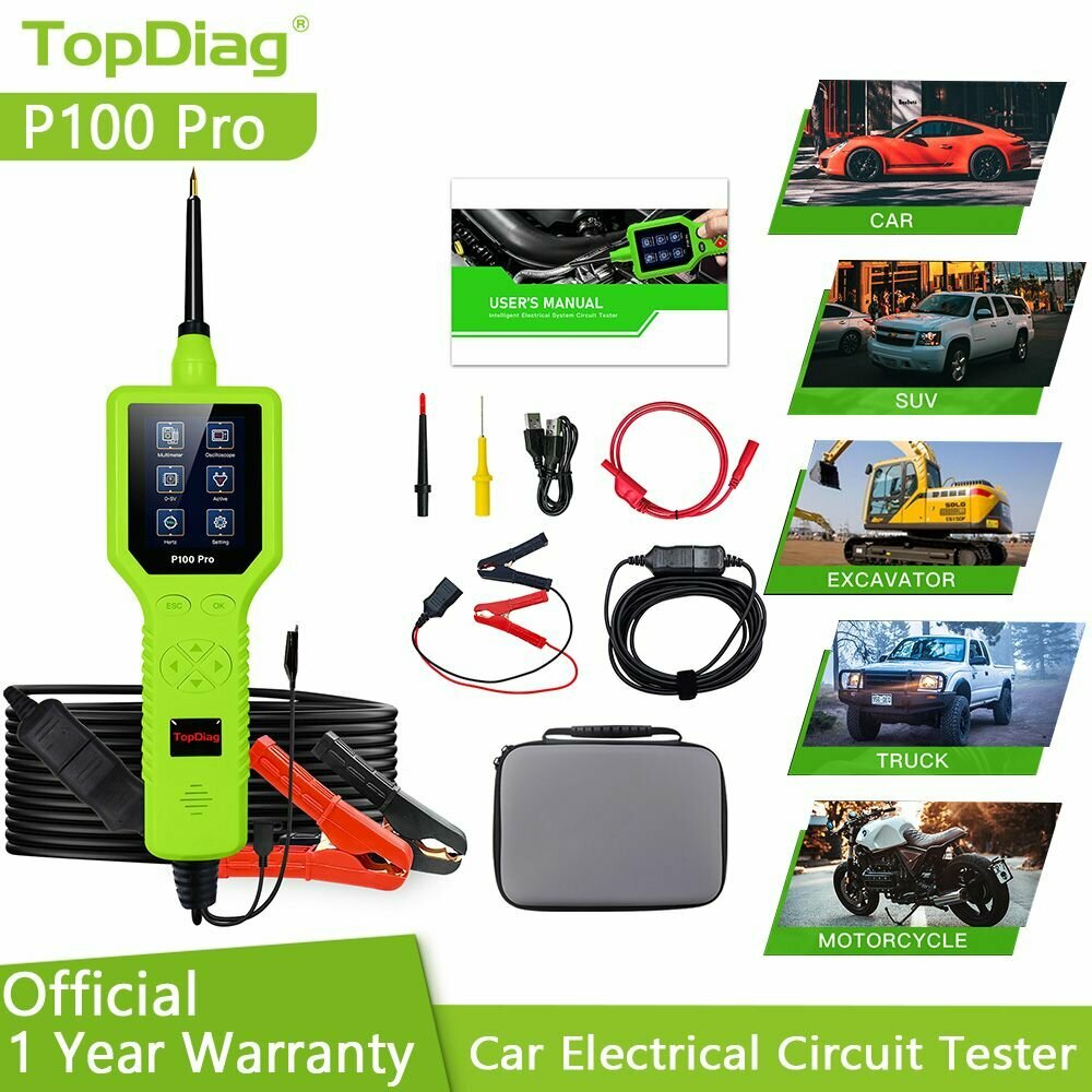 Topdiag P100 Pro автомобильный тестер 12/24В — сканер цепей и тестер аккумулятора, осциллограф, источник 0-5В.