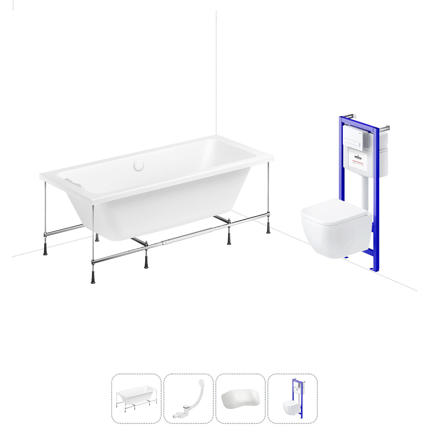 Акриловая ванна 180x80 с каркасом Lavinia Boho Pure 20221126R в наборе 5 в 1: ванна, ножки, слив-перелив, подголовник, унитаз в комплекте