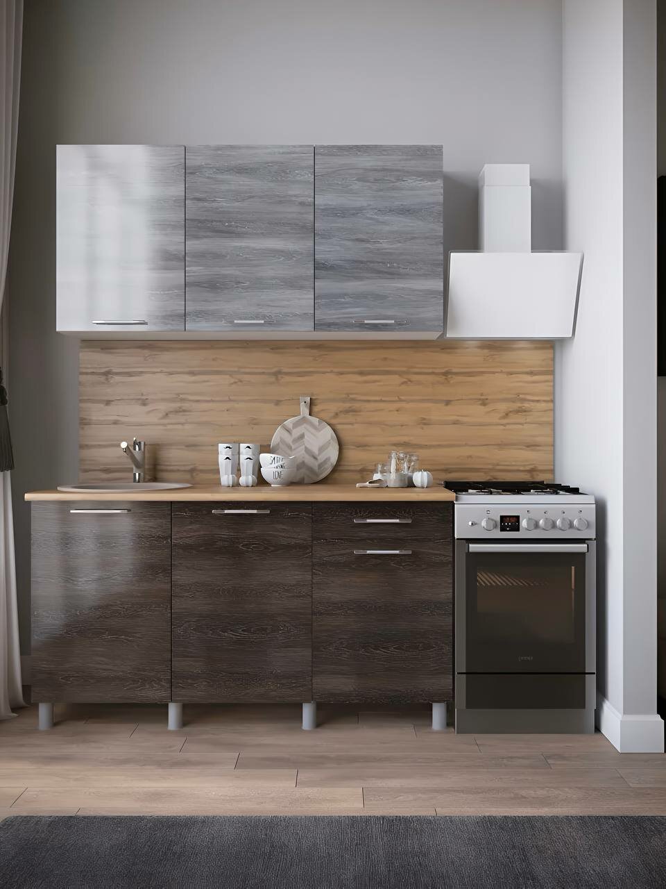 Кухонный гарнитур 1,5м Танго МДФ шале серебро/шале мореный без столешницы для дома и дачи