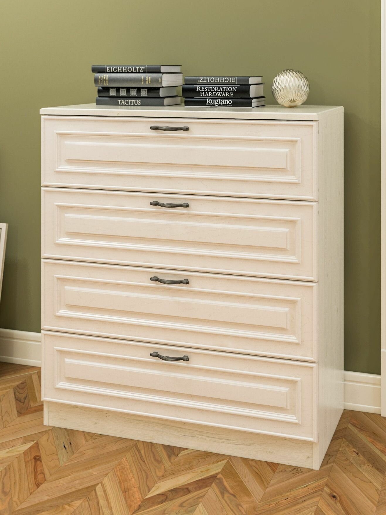 Комод столплит Гранд СБ-3525 с 4 выдвижными ящиками, ЛДСП, Дуб Приморский Белый/МДФ Классика Светлый, 88х99х41 см