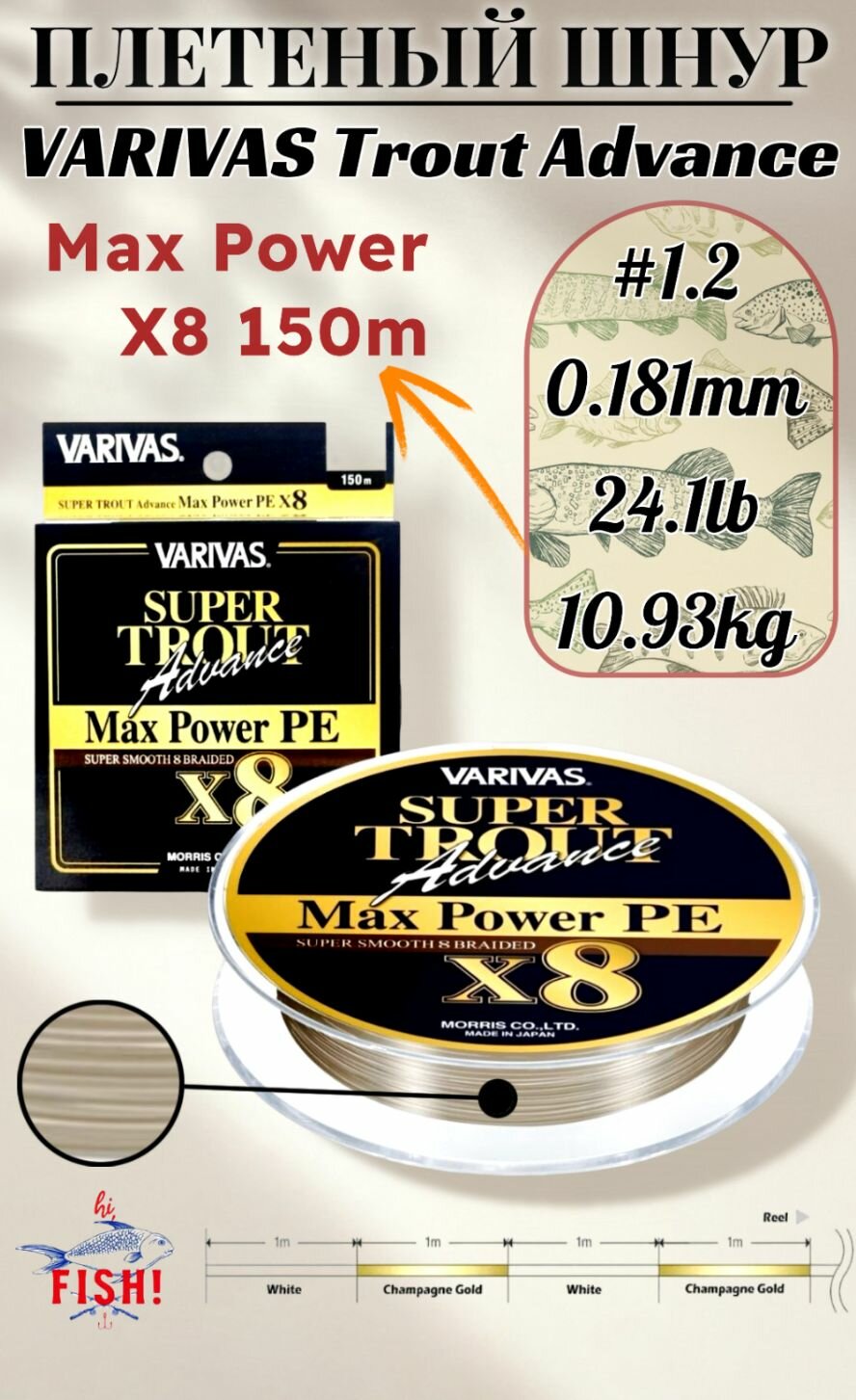 Шнур Varivas Trout Advance Max power PE X8 150m #1.2 (0.181mm/24.1lb/10.93kg)
