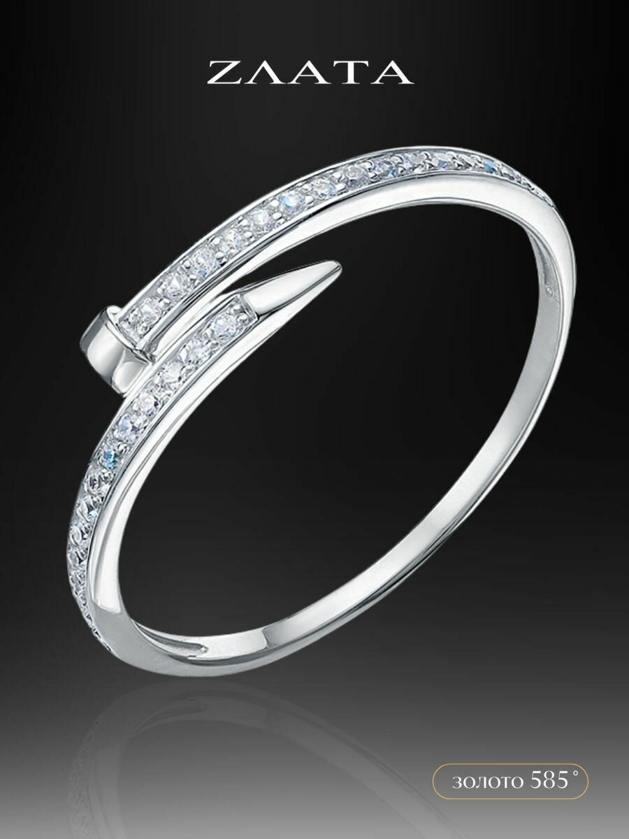 Кольцо тонкое, белое золото, 585 проба, родирование, фианит