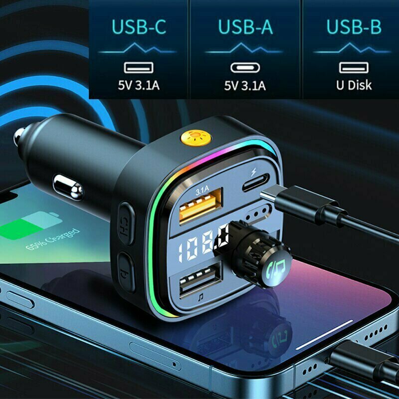 FM-модулятор передатчик для автомобиля Bluetooth Автомобильное зарядное устройство Прикуриватель USB