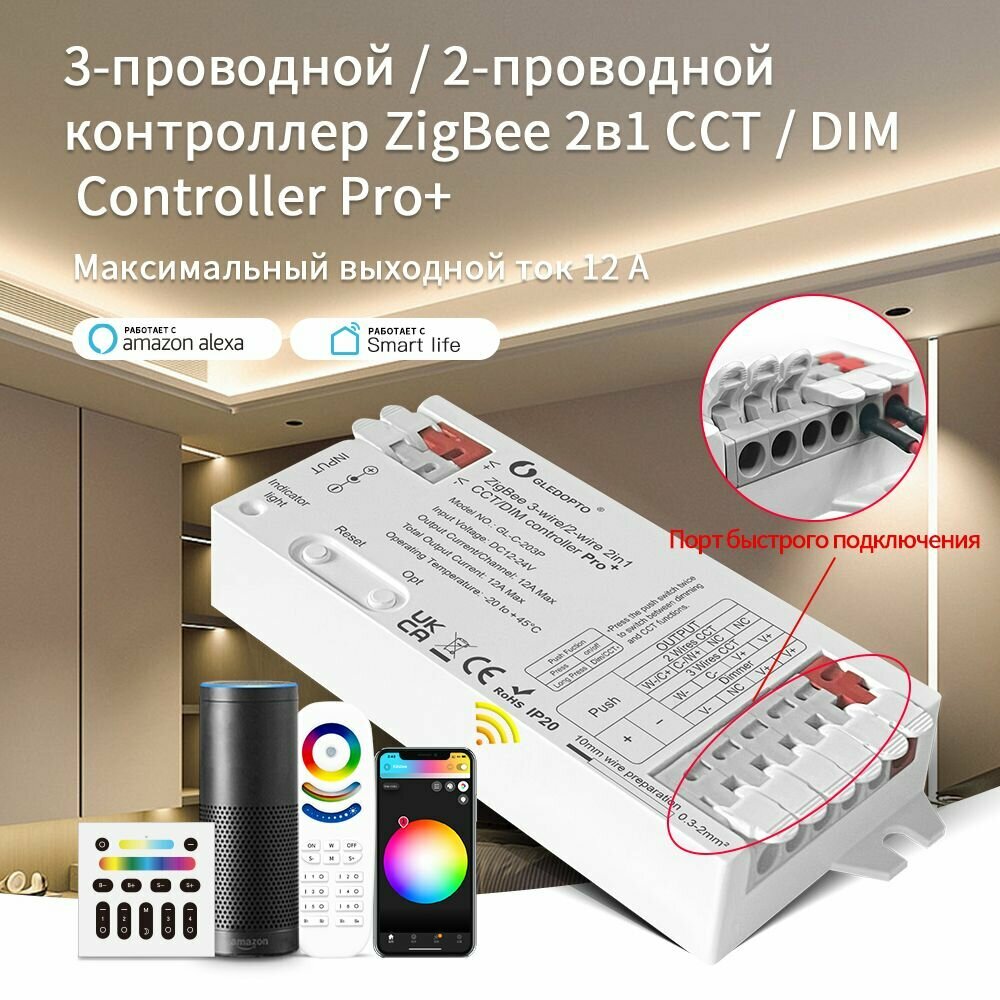 GLEDOPTO ZigBee 3.0 Pro + WW CW 2 в 1 CCT диммер, контроллер освещения светодиодной ленты, 12A Max H / ue Alexa Homey Tuya Smart Life APP Control