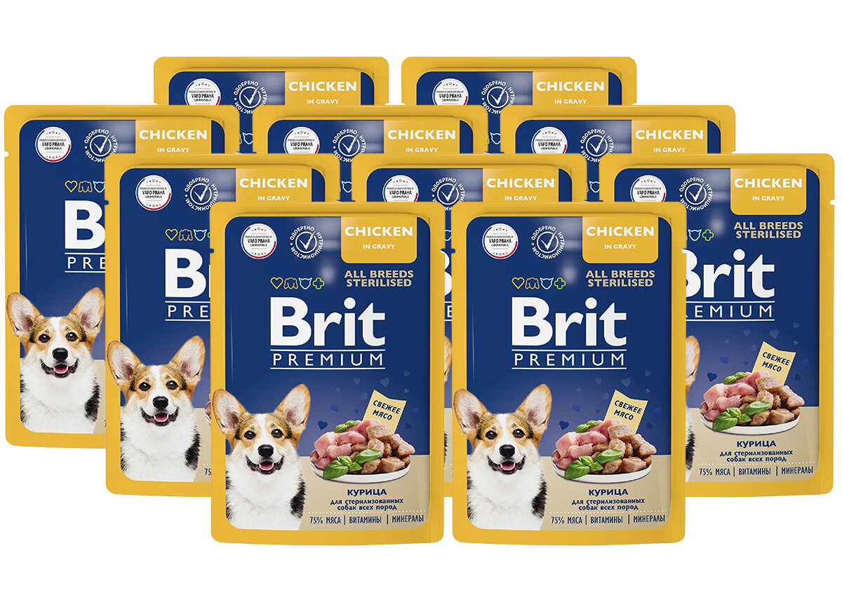 Влажный корм Brit Premium Dog All Breeds Sterilised Chicken для взрослых стерилизованых собак всех пород с курицей в соусе пауч, 85 гр х 10 шт