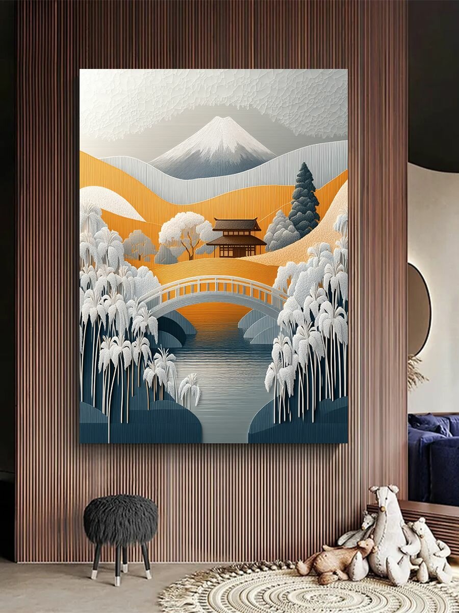 Картина на стену для интерьера - "Пейзаж в японском стиле / гора Фудзи и сакура" , 20х30 см.