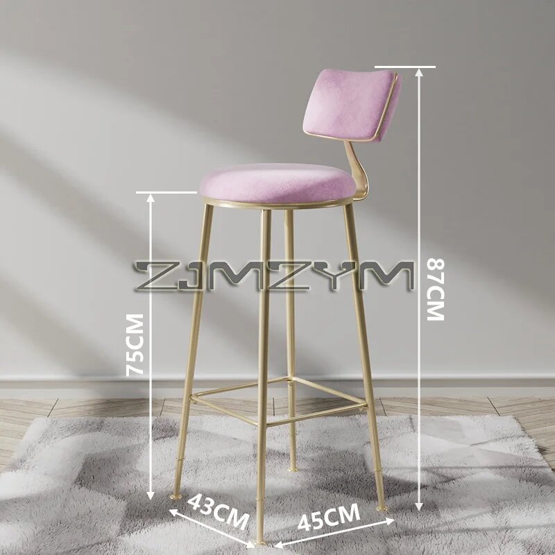 Nordic Light Современный металлический барный стул Портативные барные стулья Скандинавский стиль Гостиная Высокий стул со спинкой Барный стул, Pink Flannel