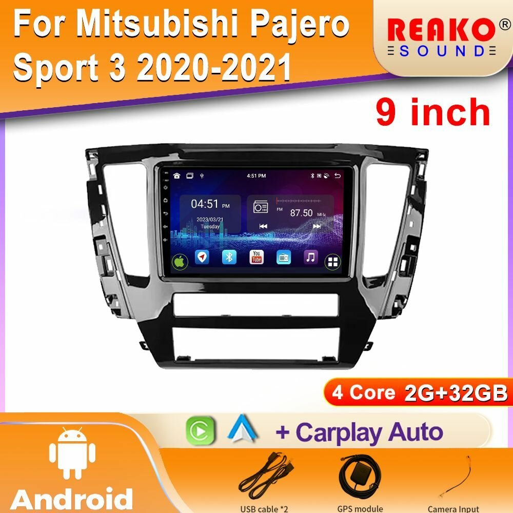Магнитола для Mitsubishi Pajero Sport 3 2020-2021, с камерой заднего вида. IPS экран 9 дюймов, Wifi 2din с сенсорным экраном, usb и блютузом.