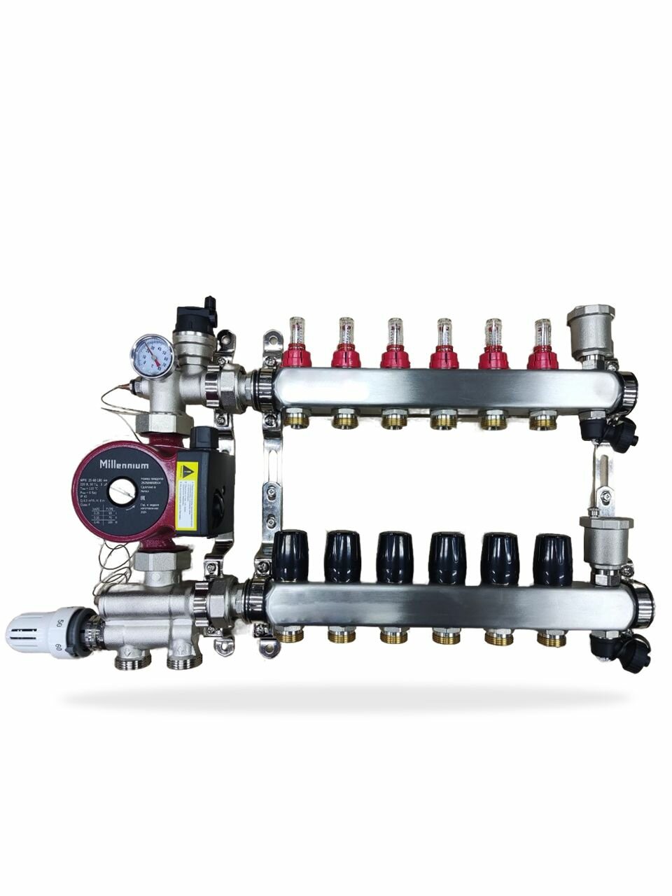 Коллекторная группа для теплого пола на 6 контуров с насосом MPS 25-60, смесительным узлом от 20-60С и евроконусами до 80 кв/м Millennium
