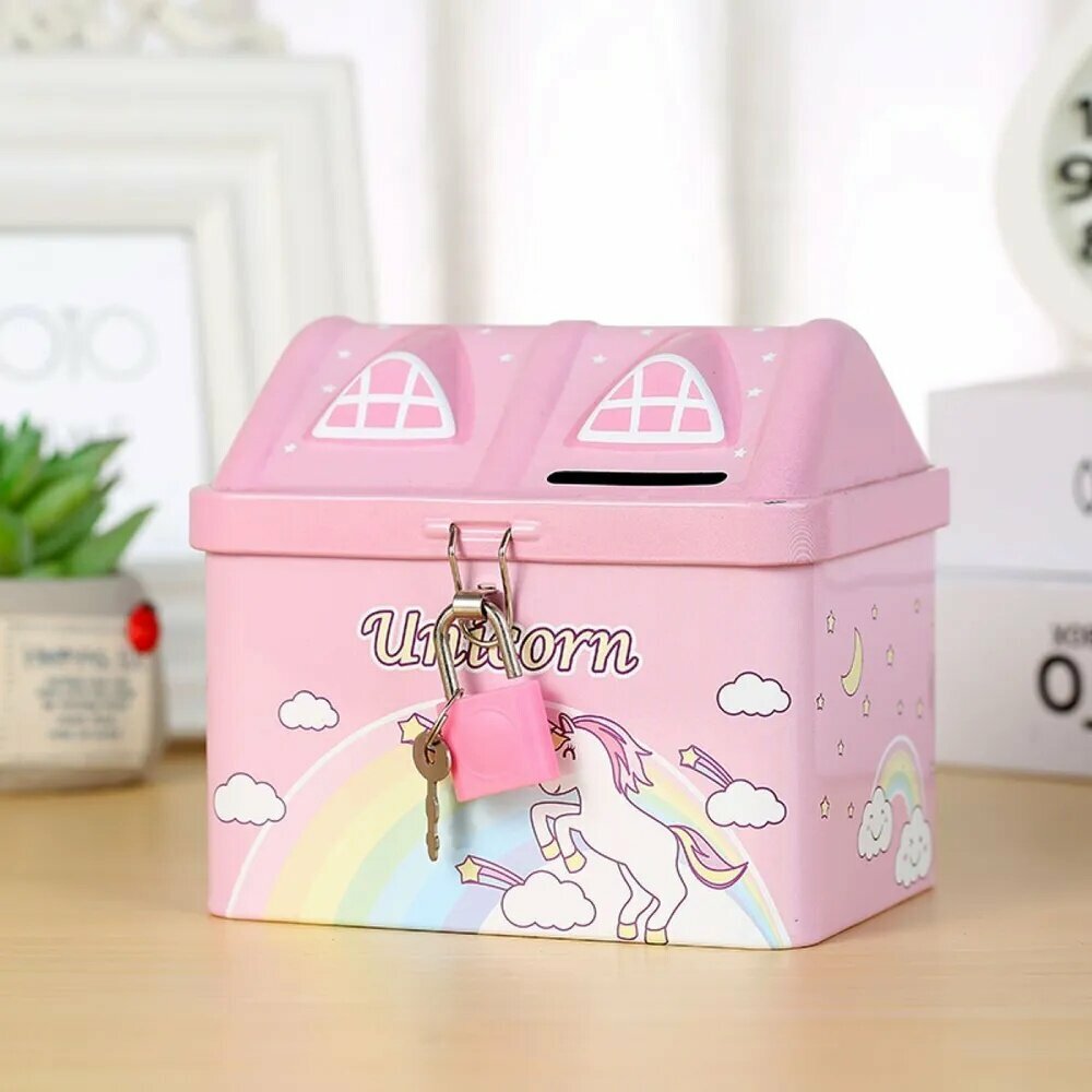 Копилка - домик детская Единорог розовая с единорогом для девочек с замком