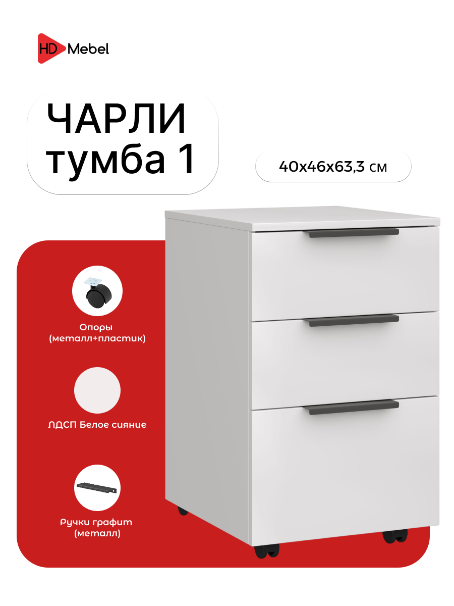 Тумба прикроватная Чарли цвет Белый, 3 выдвижных ящика, ЛДСП