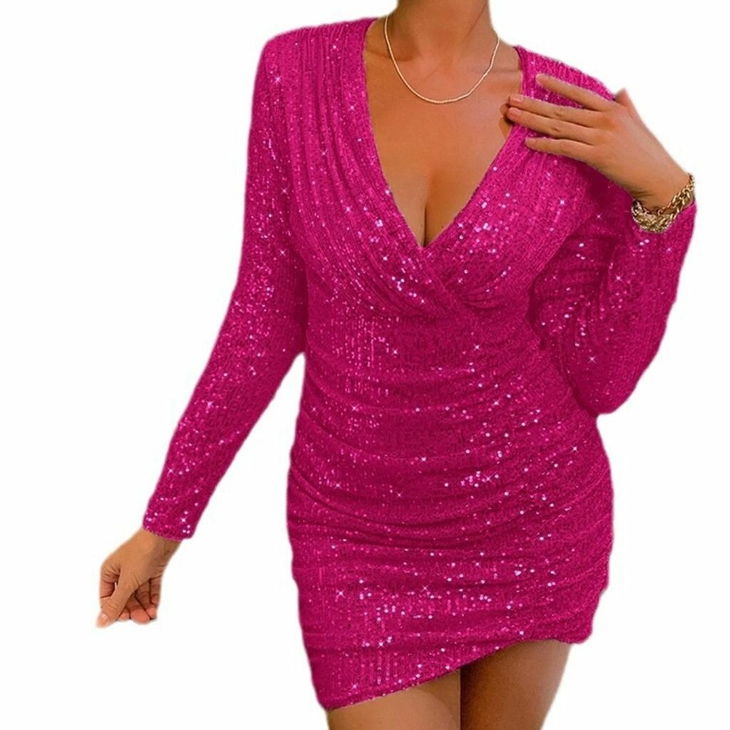 Женская сексуальная юбка-комбинезон с v-образным вырезом и блестками на бедрах и длинными рукавами-розово-красная-XXL