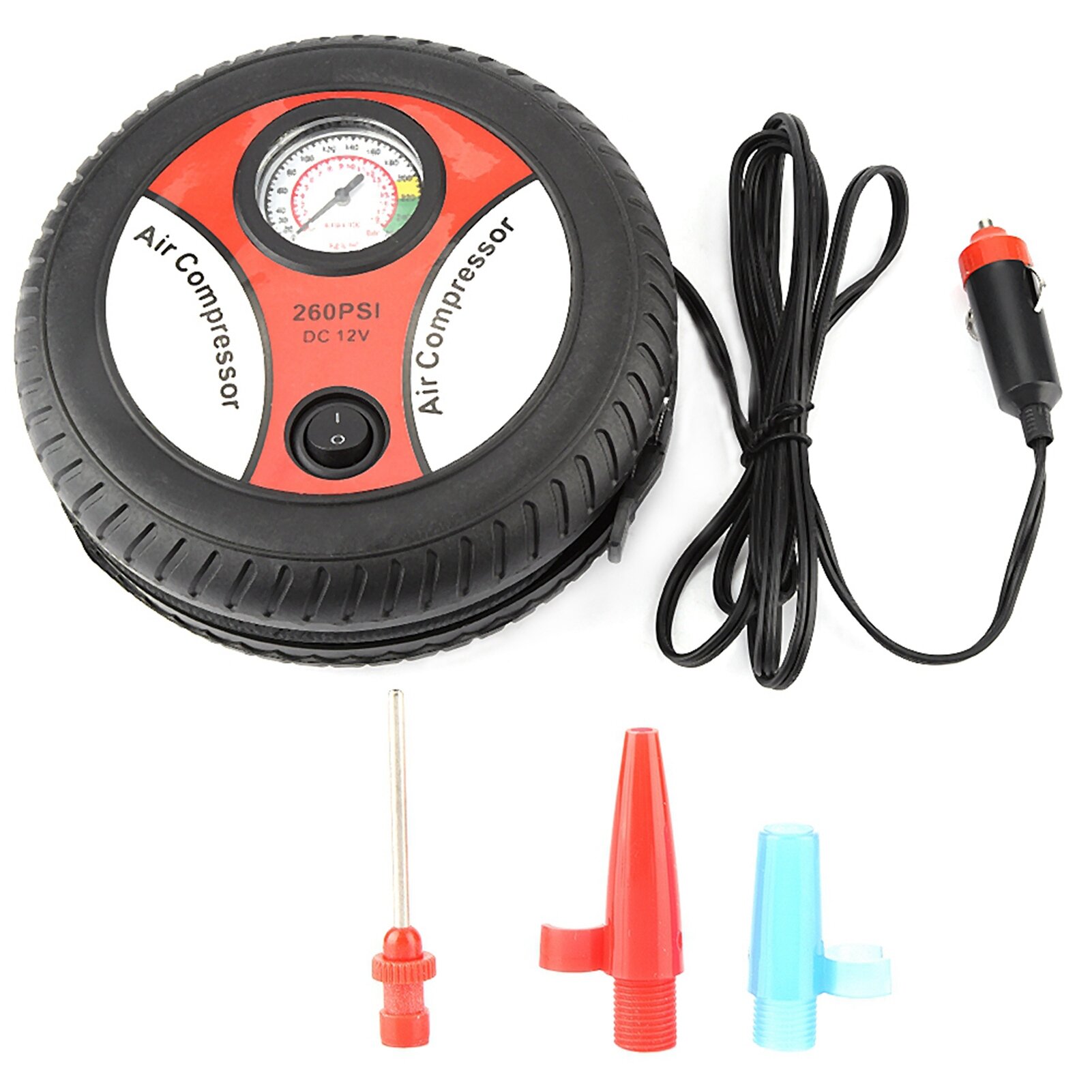 Portable 12V Air Compressor Pump, Compact Size Mini 260PSI Car Tyre Inflator, Black for Cars Bikes