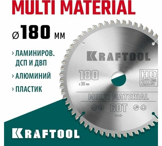 Диск пильный по алюминию KRAFTOOL Multi material 180x30 мм, 60Т 36953-180-30