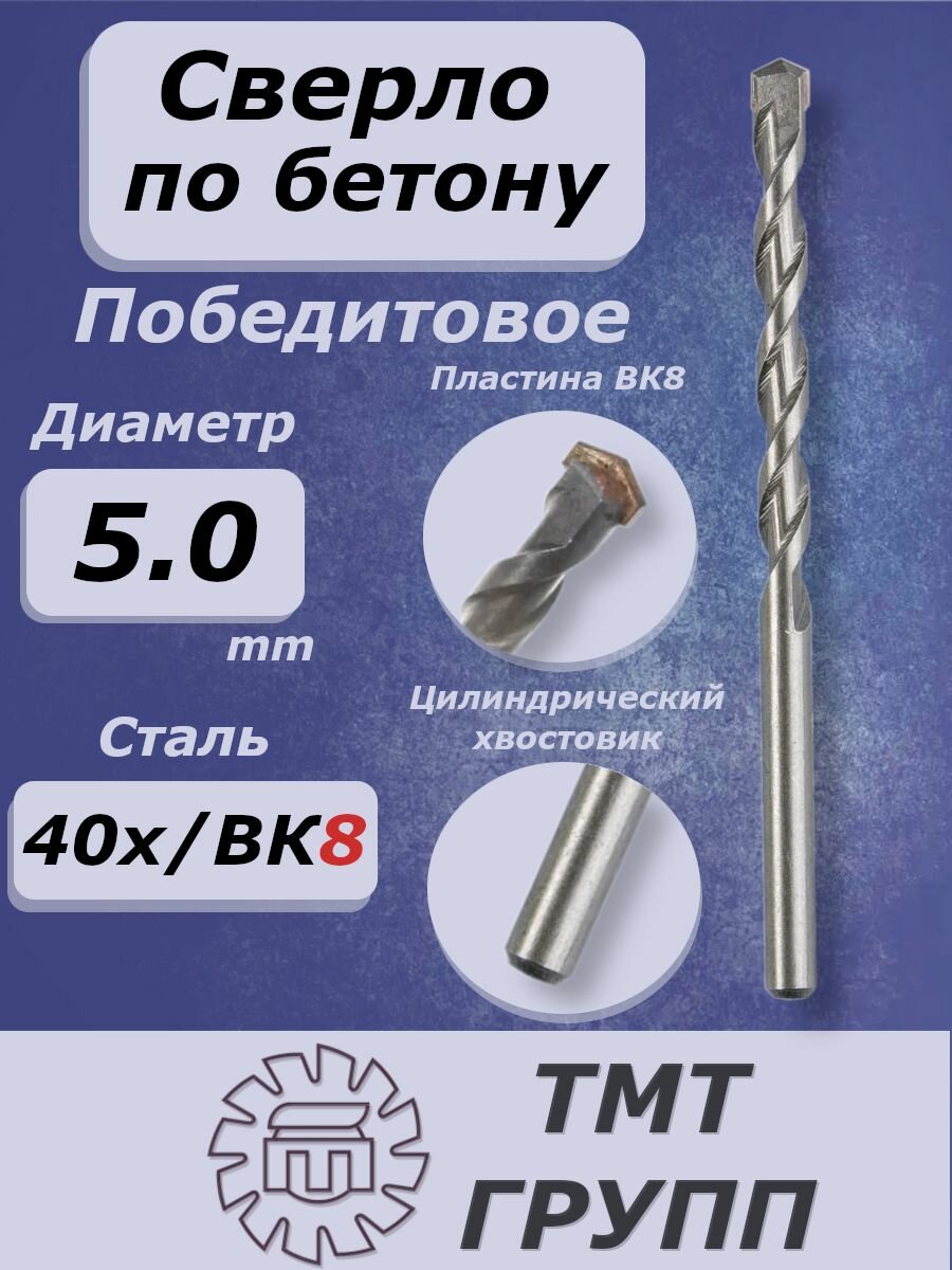 Сверло по бетону 5 мм, победитовое, цилиндрический хвостовик ТМ