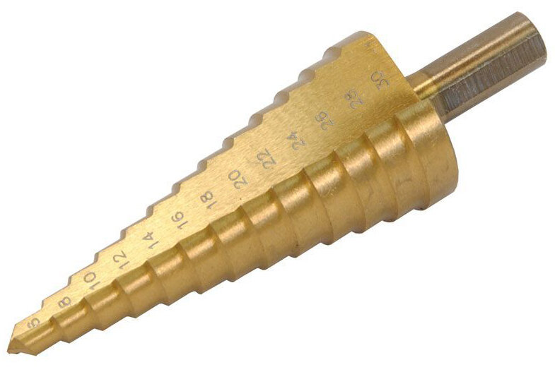 Сверло по металлу и пластику 6-30мм ступенчатое с Tin покрытием