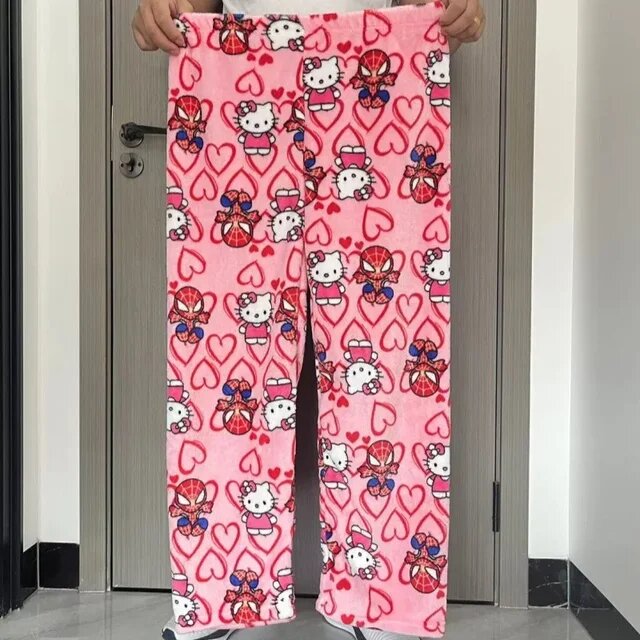 Пижамные штаны Sanrio Hello Kitty на Хэллоуин, повседневные свободные брюки из фланели для аниме, милые женские шерстяные штаны с рисунком из мультфильмов, Детский размер: 2XL (70-85 кг)