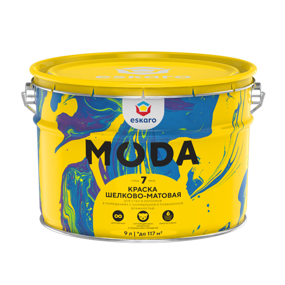 Краска акриловая ESKARO Moda 7 для стен и потолков, база А, 9 л, белая, арт. 4630042540330